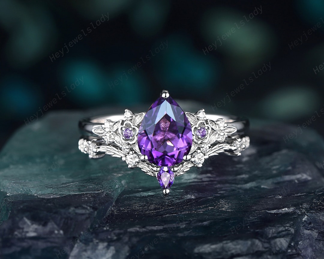 Platinum Pear Shape Amethyst Floral Engagement Ring Set, Unique 14K ...