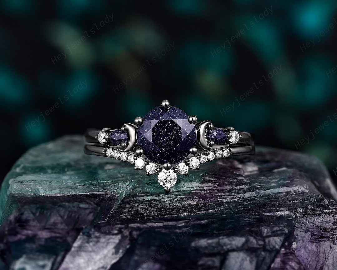 Gothic Crescent Moon Blue Sandstone Engagement Ring Set, Unique Rhodium ...