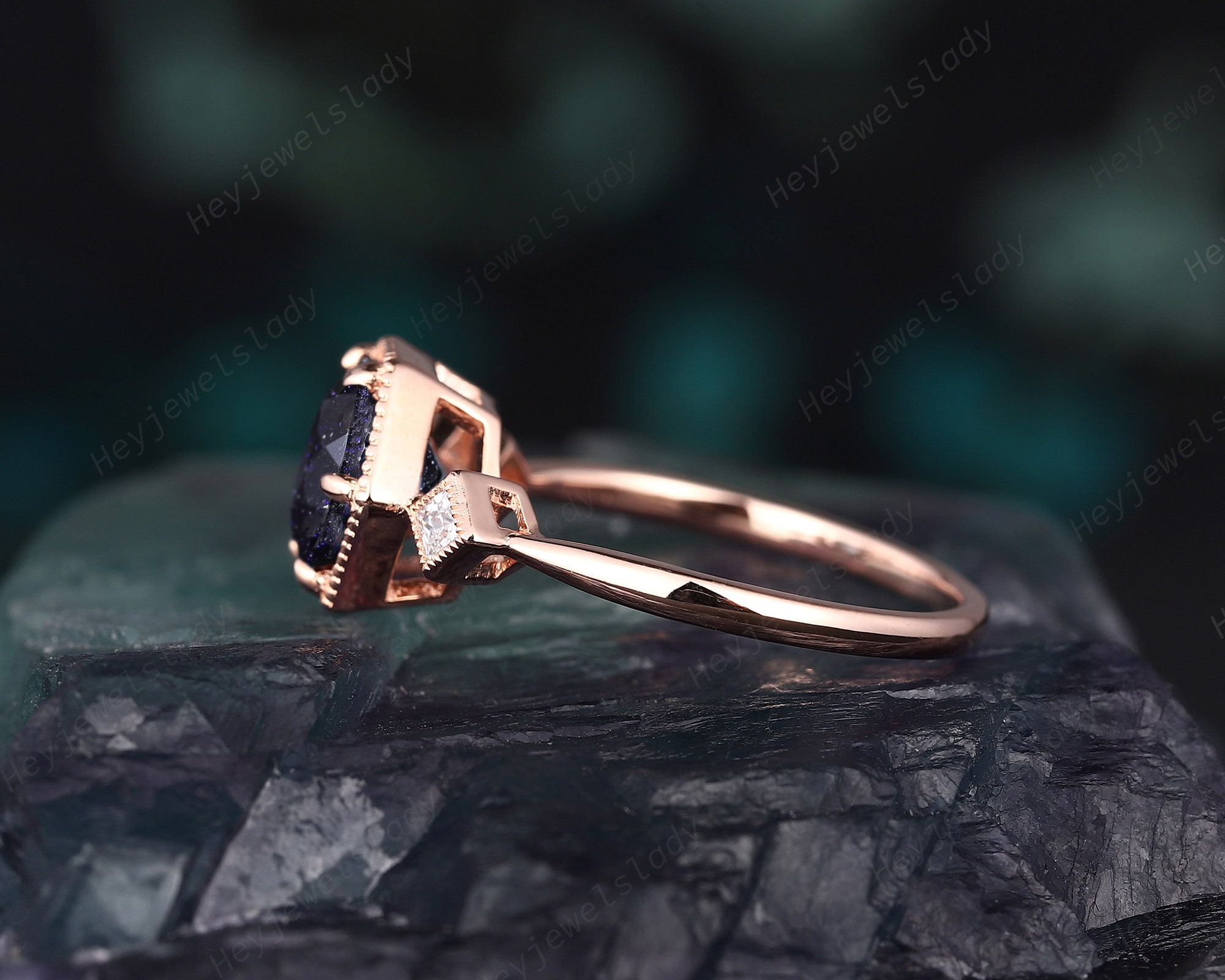 Vintage Round Blue Sandstone Engagement Ring, Sterling Silver 925 Blue ...