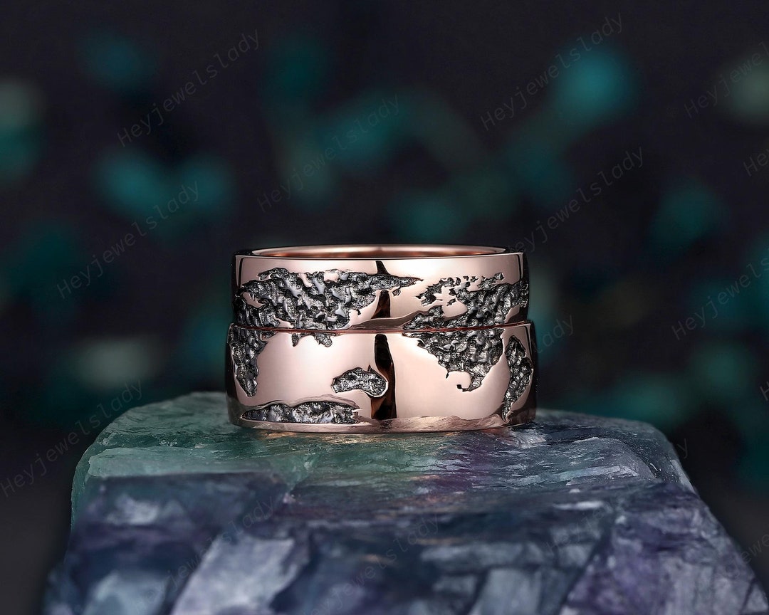 World Map Couple Ring Set, Travelers Promise Ring, Rose Gold His and ...
