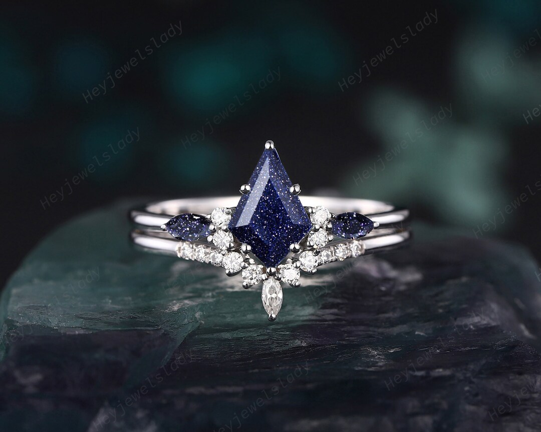 Platinum Kite Cut Blue Sandstone Wedding Ring Set, White Gold Starry ...