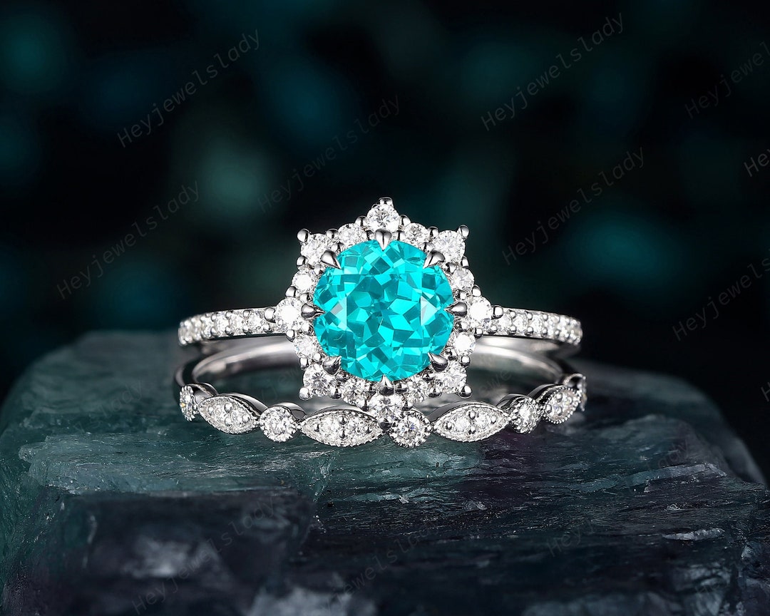 Platinum Neon Blue Tourmaline Halo Engagement Ring Set, Unique 14K ...
