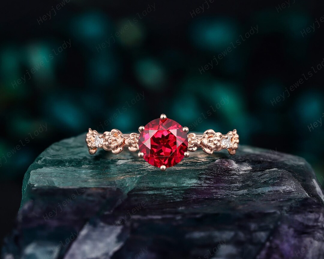 Nature Inspired Round Shape Ruby Floral Engagement Ring, Unique Ruby ...