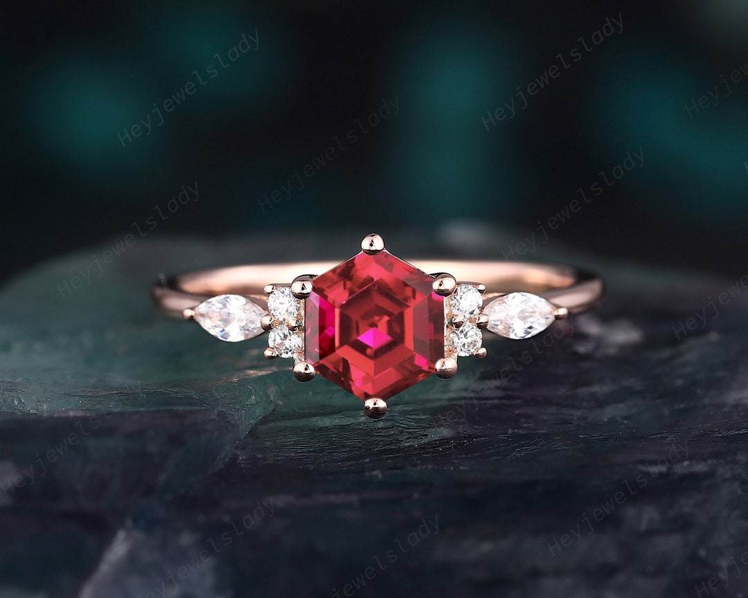 Vintage Hexagon Ruby Engagement Ring, Unique Geometric Red Ruby and ...