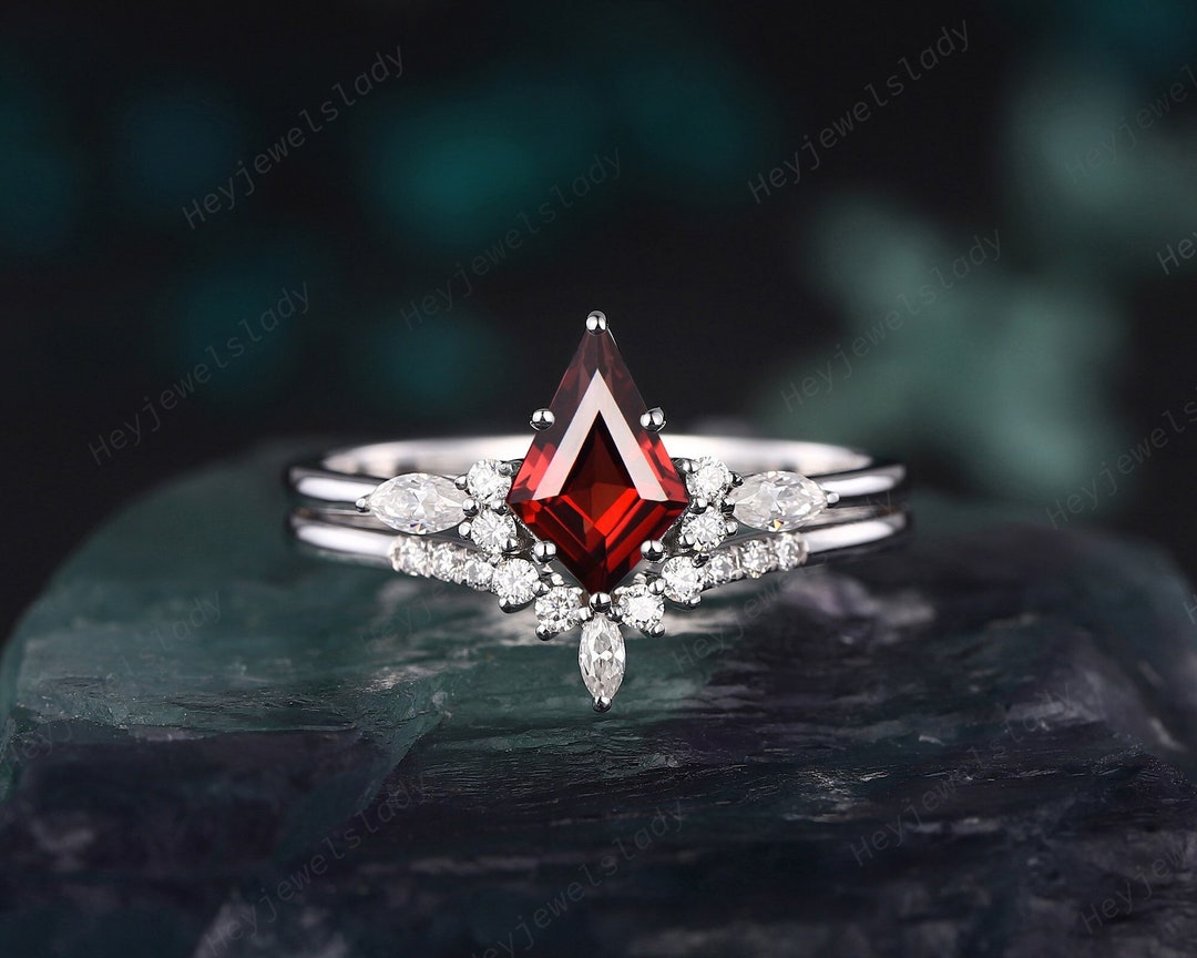 Unique Kite Cut Garnet Engagement Ring Set, 14k White Gold Red Garnet ...