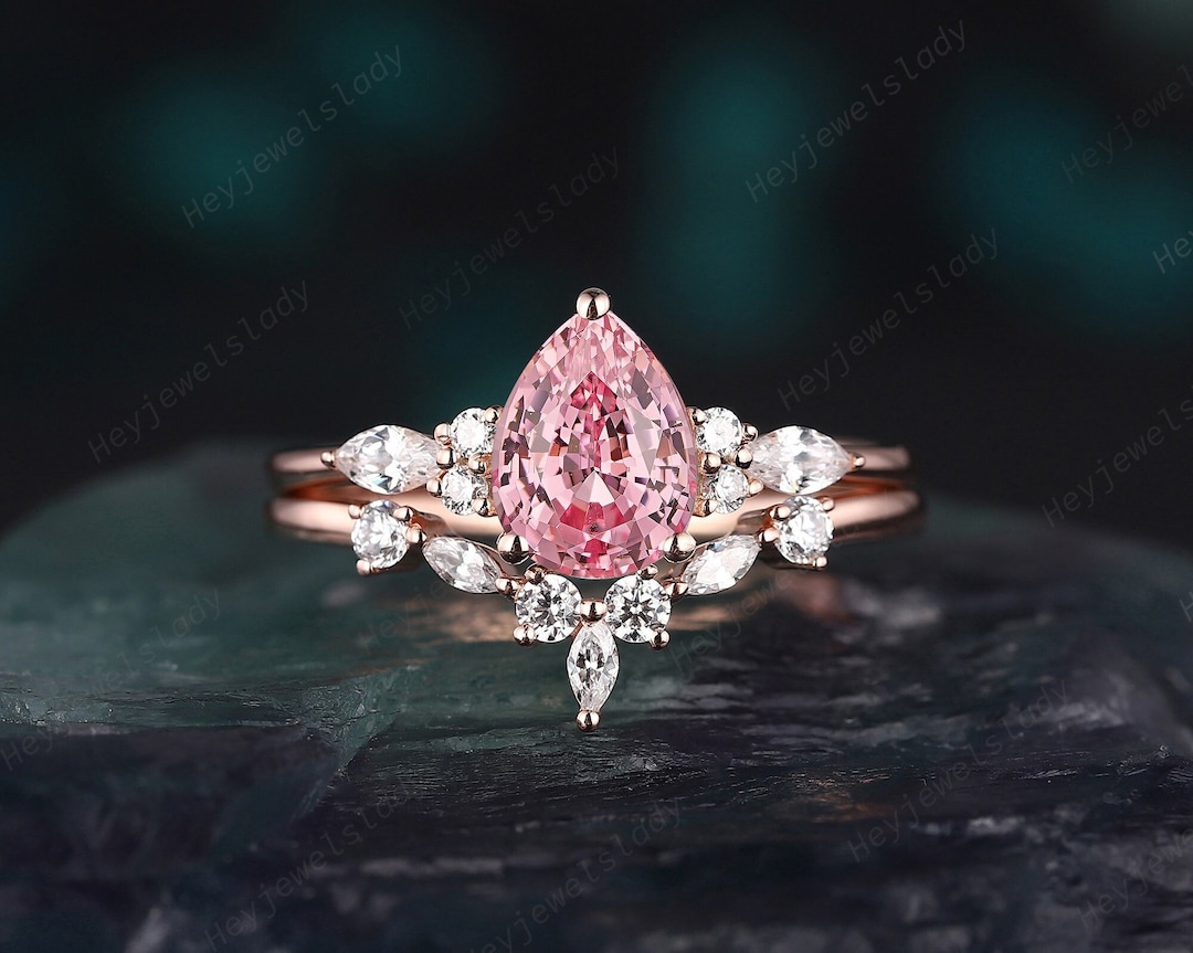 Unique Pear Shape Pink Sapphire and Diamond Engagement Ring Set ...