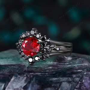 3PCS Punk Black Gold Round Shape Ruby Engagement Ring Set, Black ...