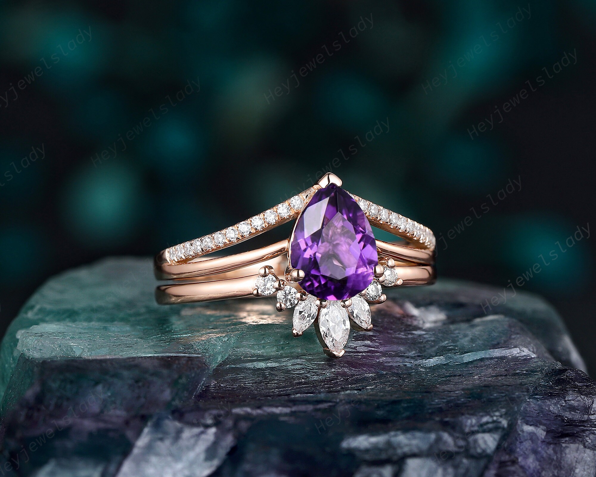 Unique Split Shank Pear Shape Amethyst Engagement Ring Set, Vintage ...