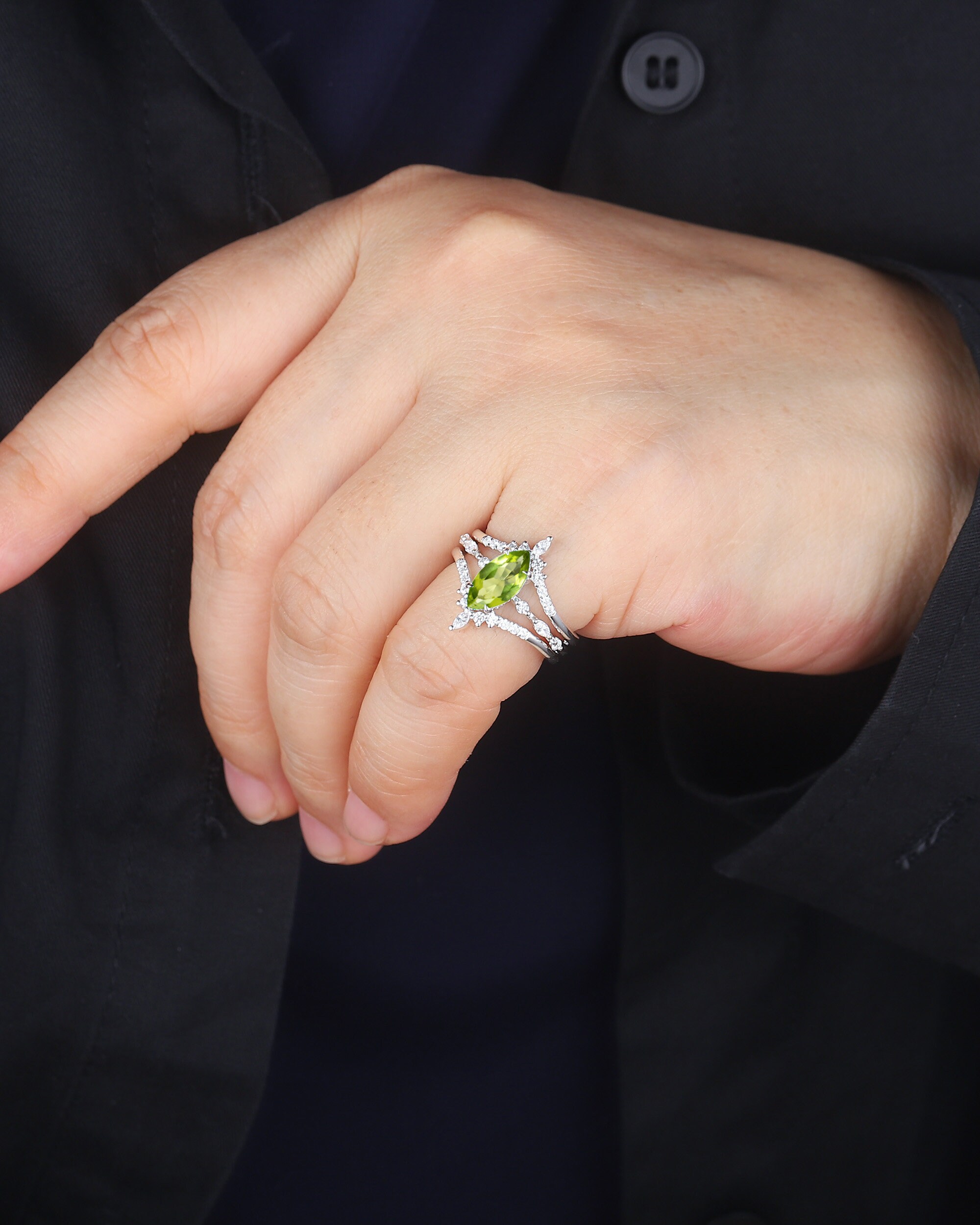 Vintage Marquise Peridot Engagement Ring Set Unique White - Etsy