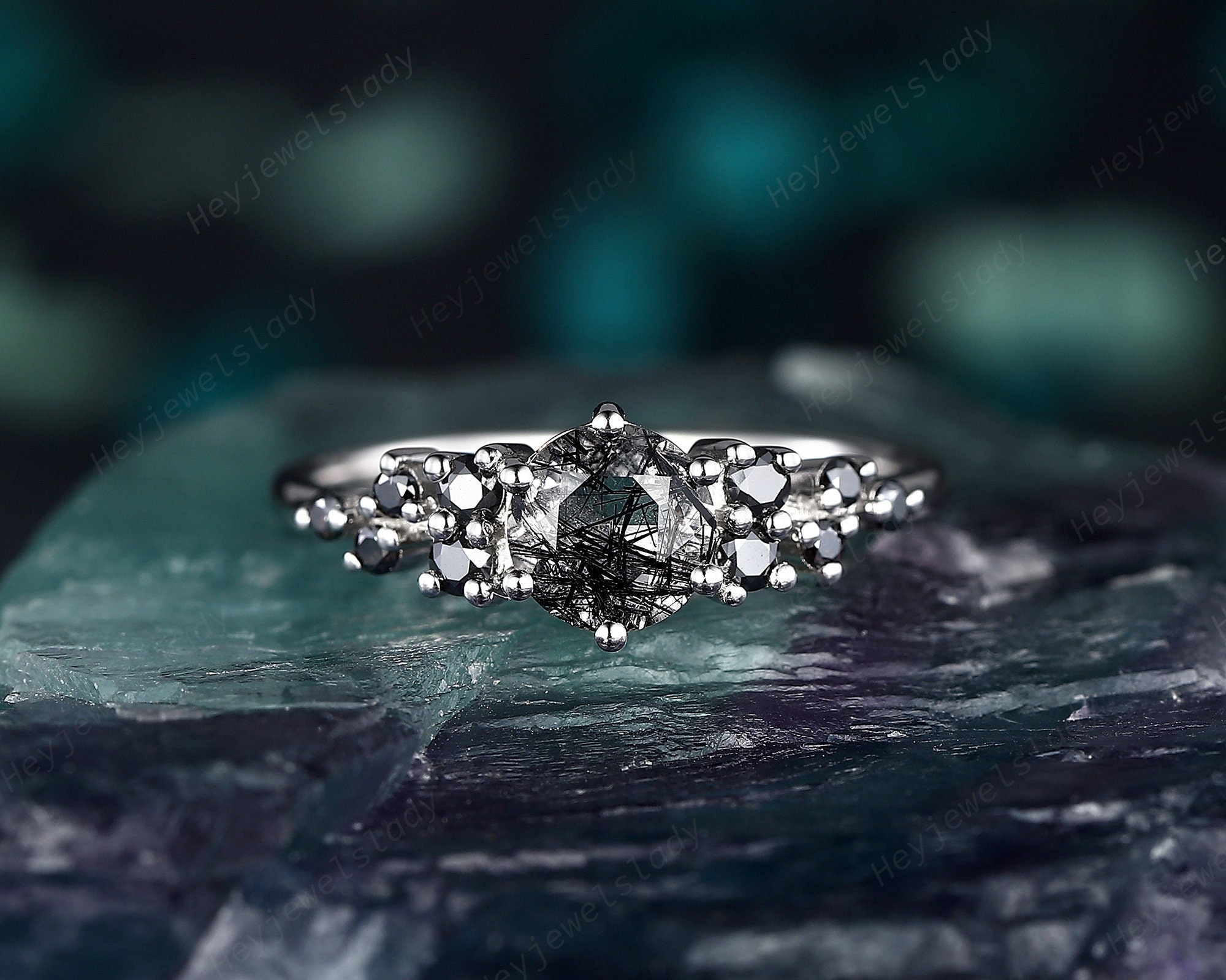 Unique Round Shape Black Rutilated Engagement Ring White Gold - Etsy