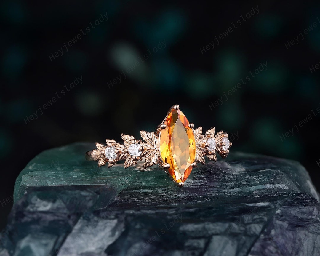 Vintage Marquise Cut Citrine Maple Leaf Engagement Ring, Unique Nature ...