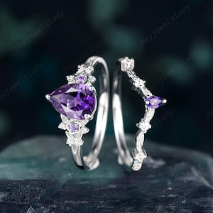 Platinum Pear Shape Amethyst Floral Engagement Ring Set, Unique 14K ...