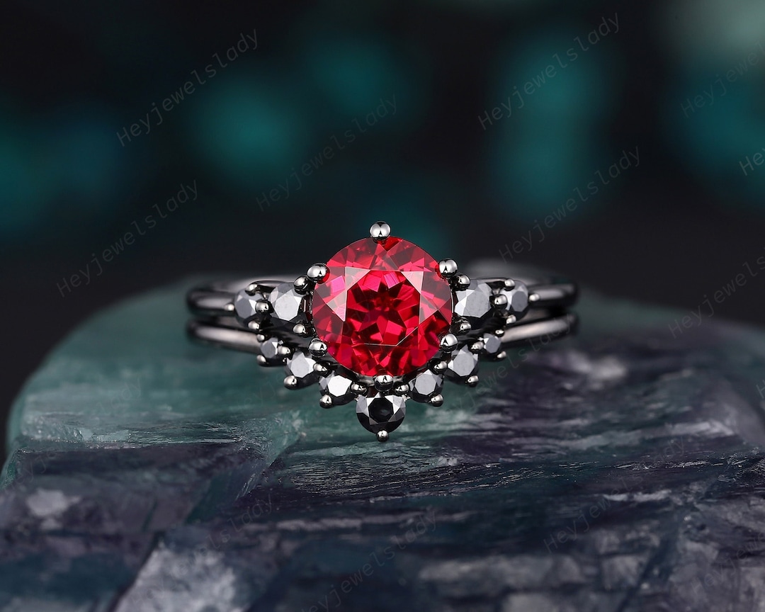 Vintage Black Gold Finish Round Shape Ruby Engagement Ring Set, Rhodium ...