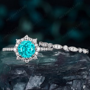 Platinum Neon Blue Tourmaline Halo Engagement Ring Set, Unique 14K ...
