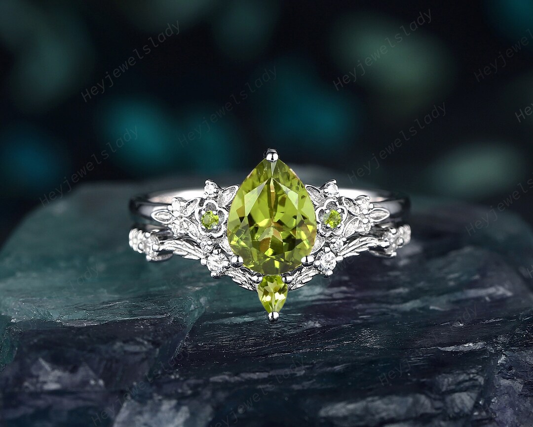 Vintage Pear Shape Peridot Floral Engagement Ring Set, Unique 14K White Gold Promise Ring Set ...