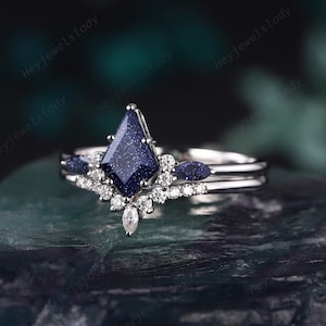 Platinum Kite Cut Blue Sandstone Wedding Ring Set, White Gold Starry ...