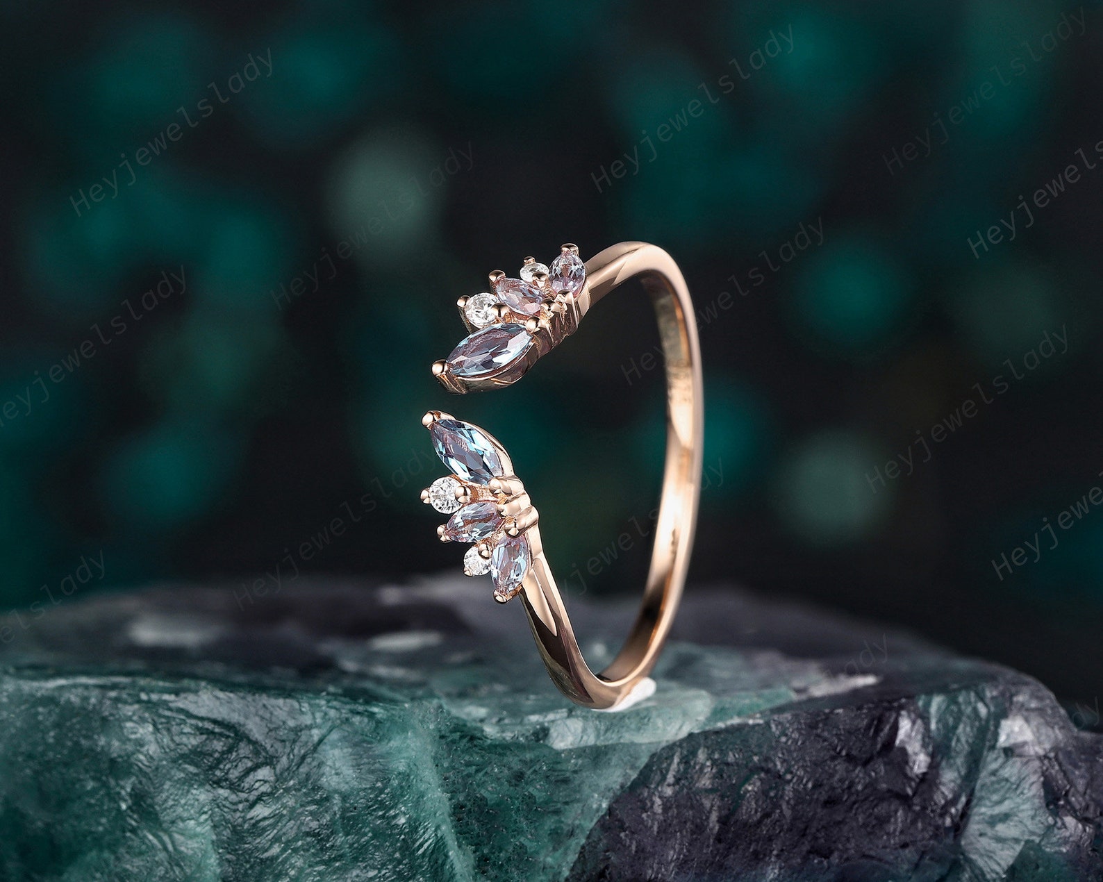Unique Open Gap Alexandrite Cluster Engagement Band, 14K Rose Gold ...