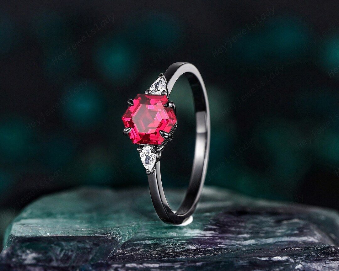 Vintage Black Gold Hexagon Ruby Engagement Ring , Rhodium Black Ruby Wedding Ring, Three Stone ...