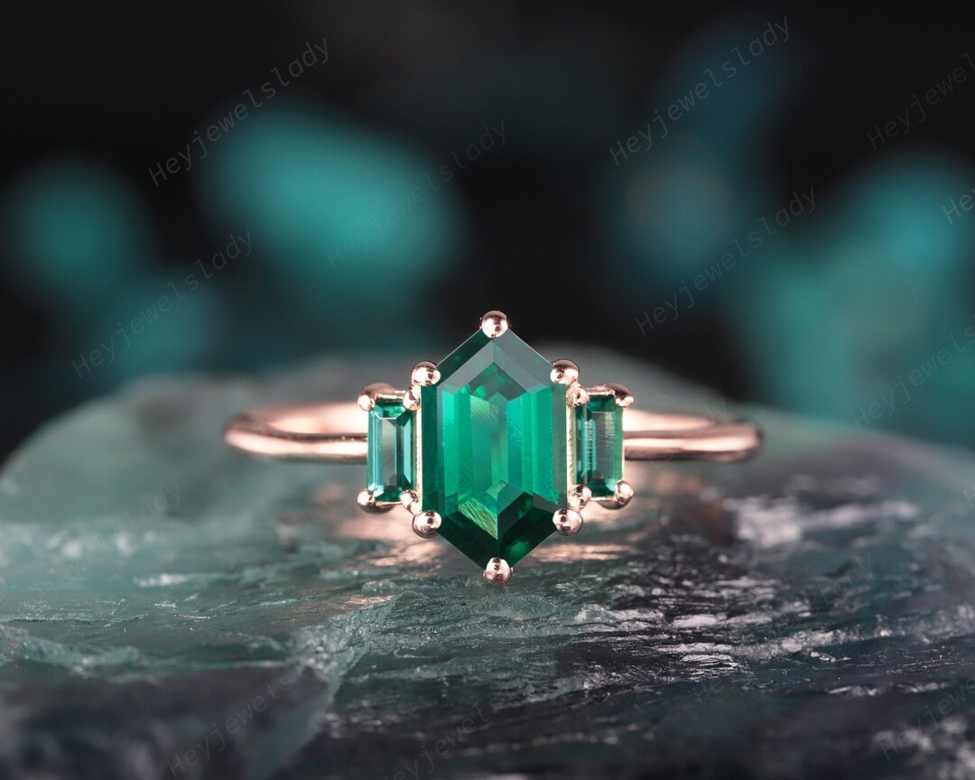 Unique Long Hexagon Emerald Ring Art Deco Baguette Emerald - Etsy