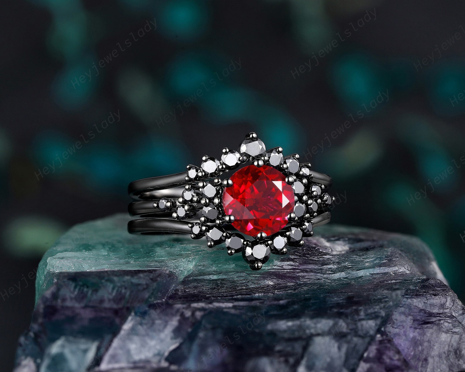 3PCS Punk Black Gold Round Shape Ruby Engagement Ring Set, Black ...