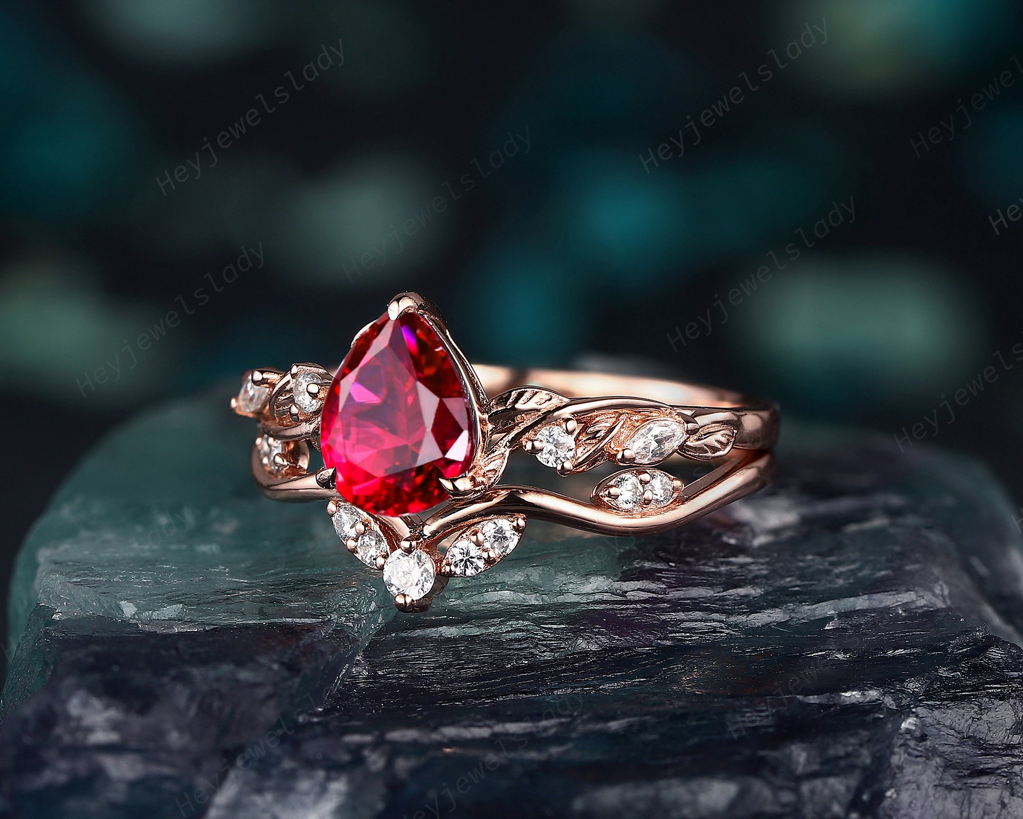 Vintage Pear Shape Ruby Engagement Ring Set Unique 14K Rose - Etsy