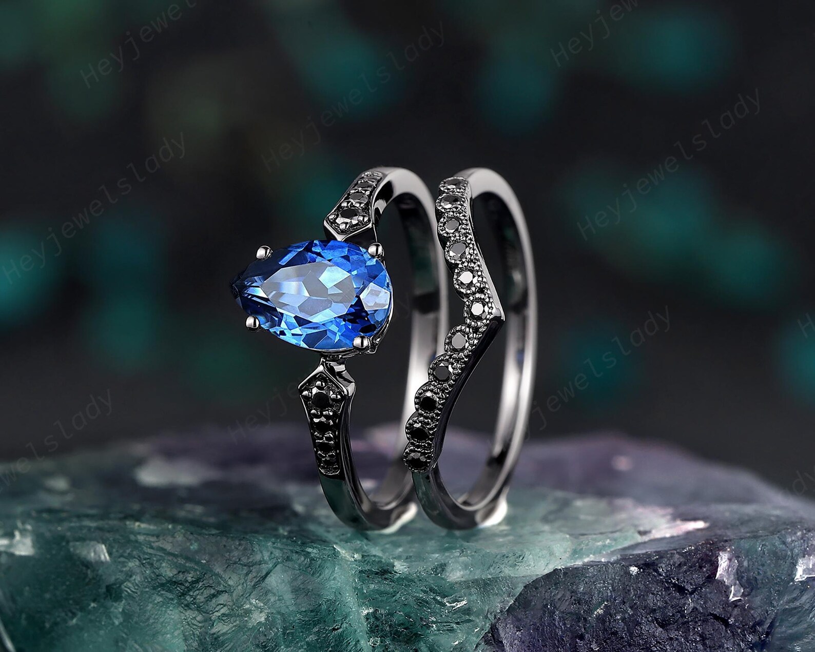 Gothic Black Gold Pear Cut Blue Sapphire Engagement Ring Set, Unique ...