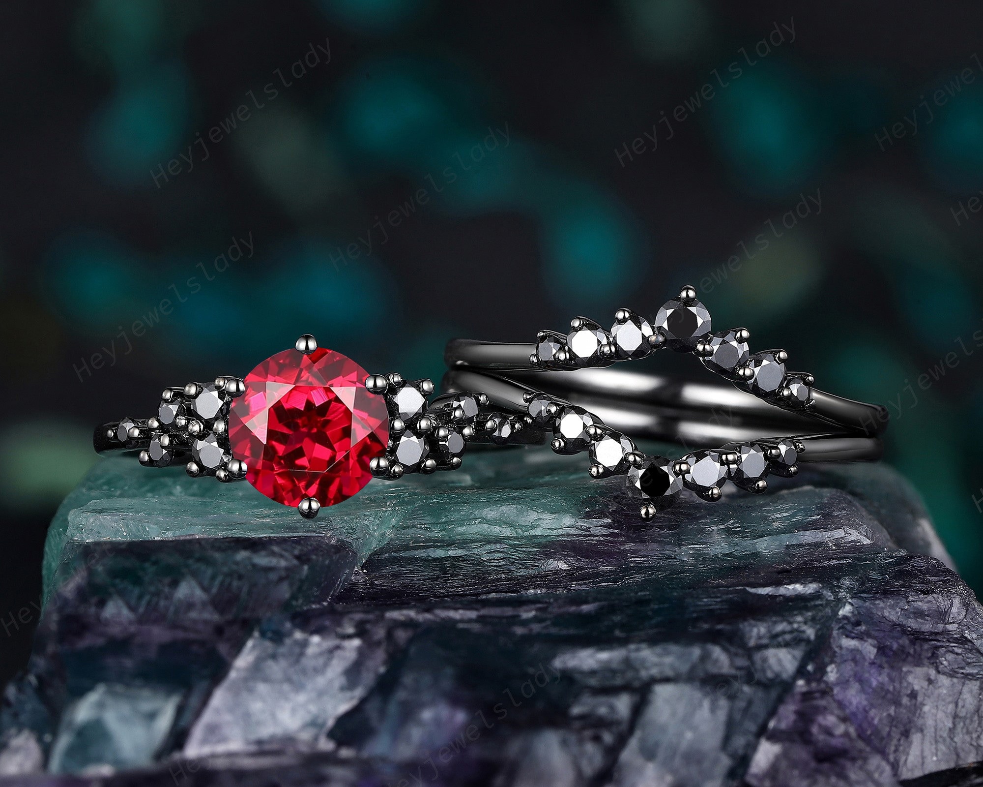 3PCS Punk Black Gold Round Shape Ruby Engagement Ring Set, Black ...