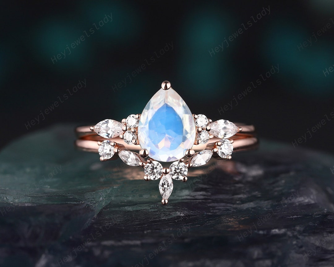 Pear Moonstone and Diamond Engagement Ring Set, Unique Rose Gold ...