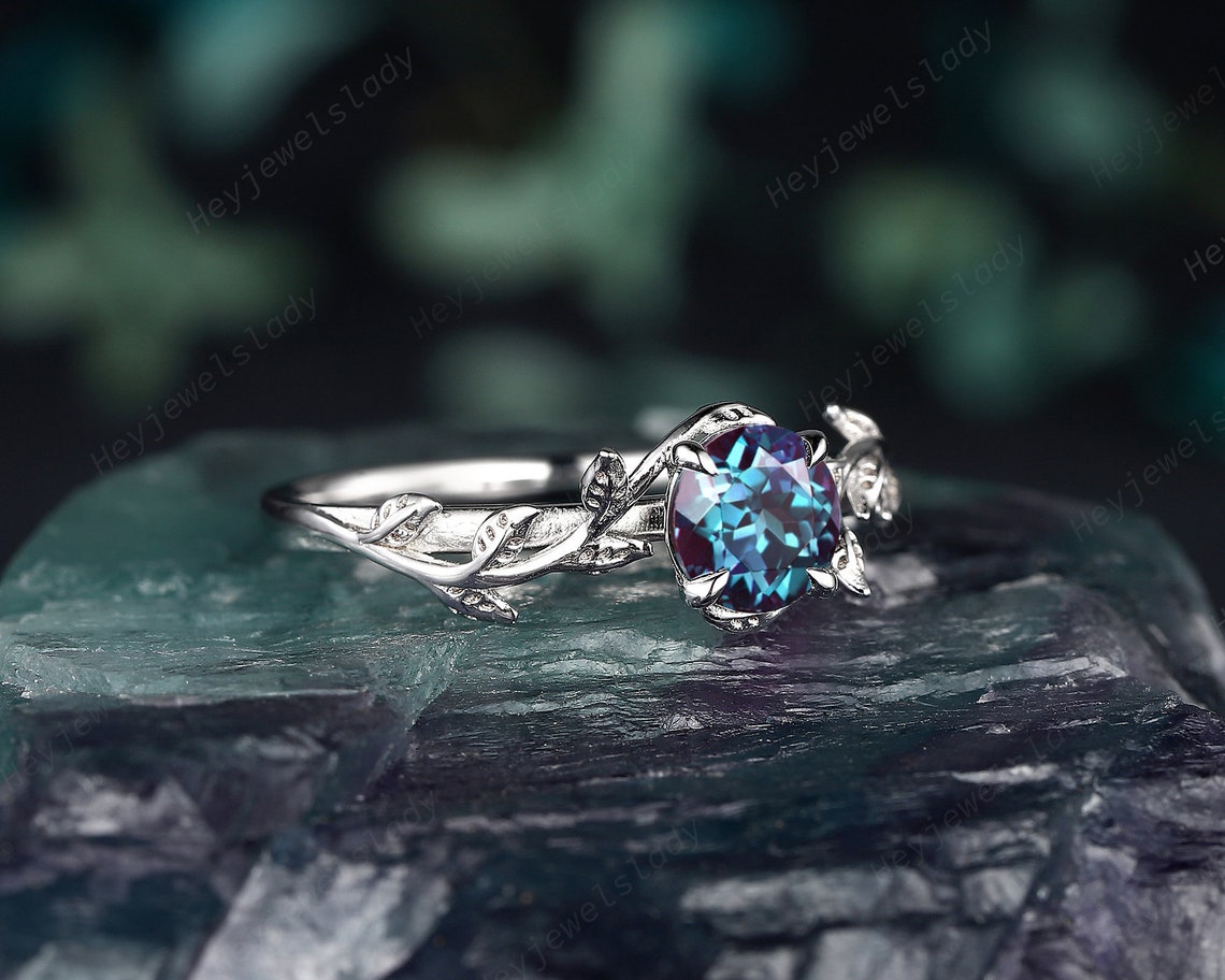 Platinum Alexandrite Solitaire Engagement Ring, Unique White Gold Leaf ...