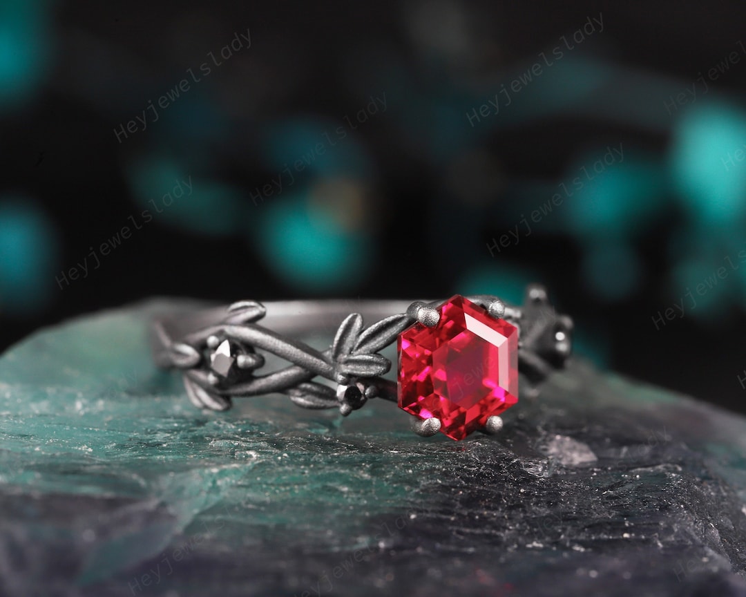 Gothic Black Gold Plated Hexagon Ruby Engagement Ring, Rhodium Black ...