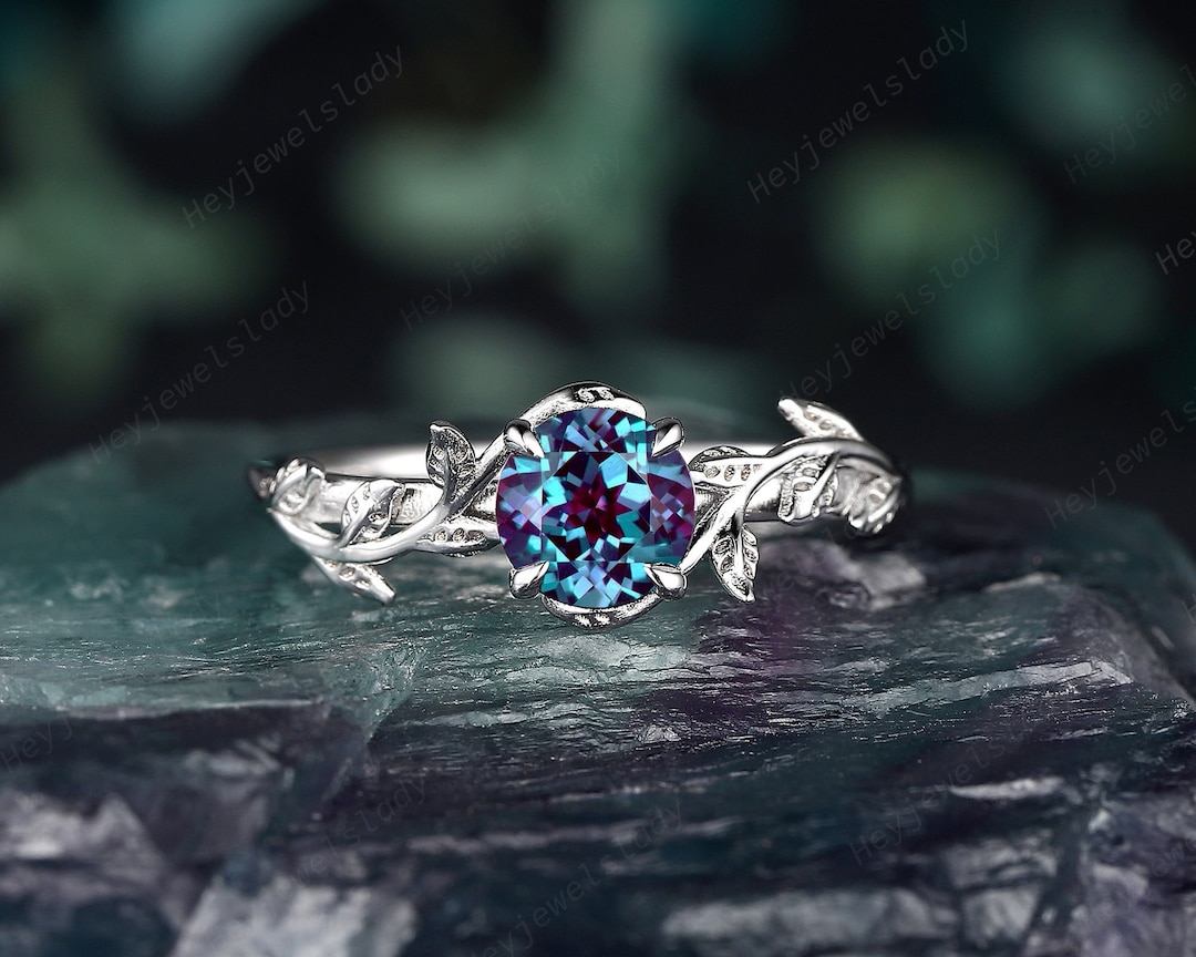 Platinum Alexandrite Solitaire Engagement Ring, Unique White Gold Leaf ...