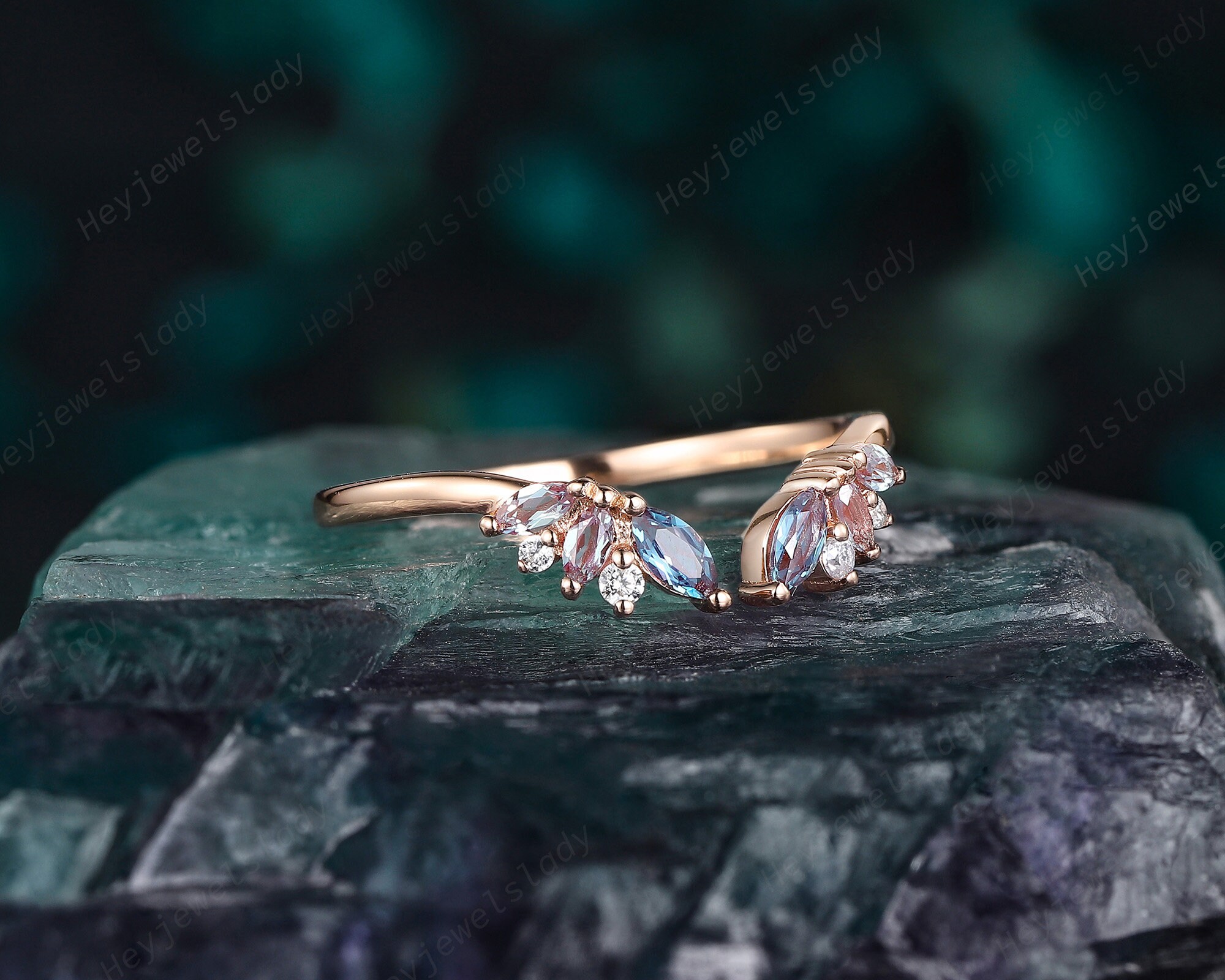 Unique Open Gap Alexandrite Cluster Engagement Band, 14K Rose Gold ...
