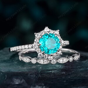 Platinum Neon Blue Tourmaline Halo Engagement Ring Set, Unique 14K ...