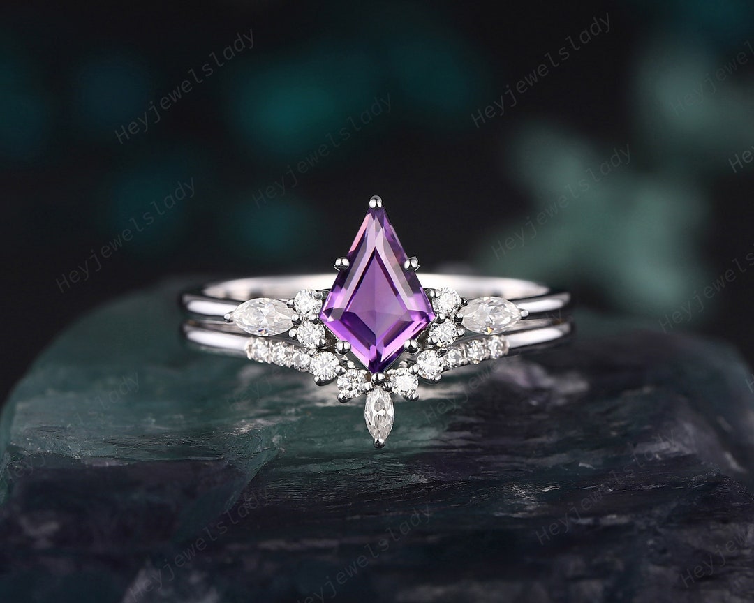 Unique Kite Cut Amethyst Engagement Ring Set, 14k White Gold Purple ...