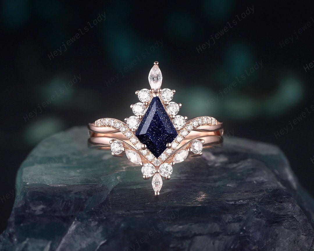 Unique Kite Cut Blue Sandstone Wedding Ring Set, Rose Gold Starry Blue ...