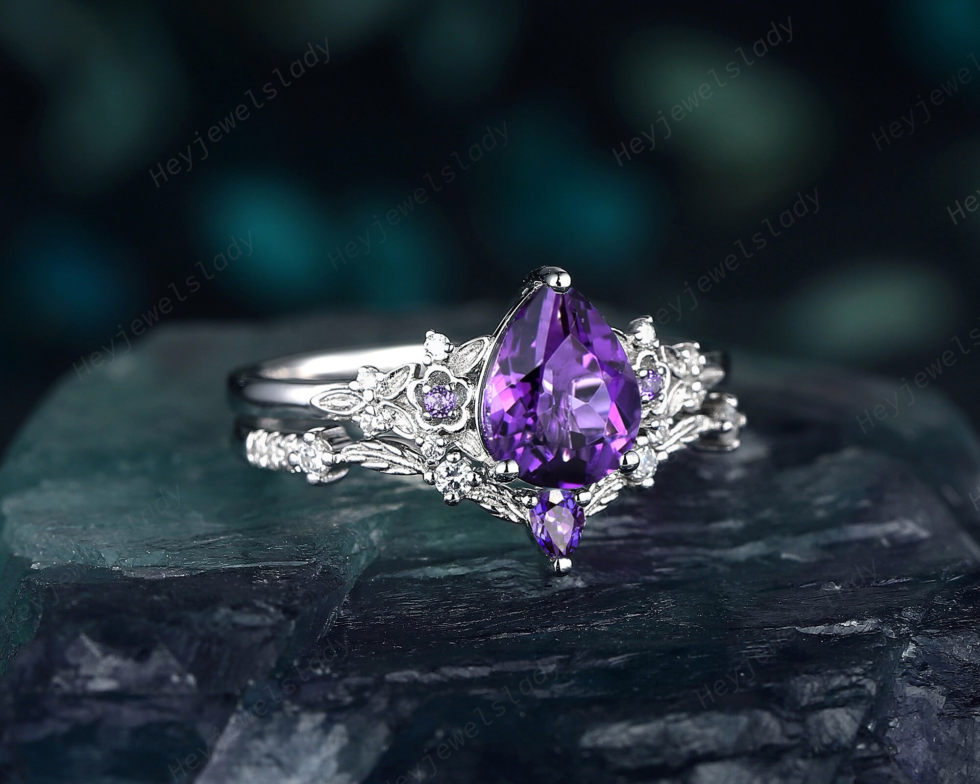 Platinum Pear Shape Amethyst Floral Engagement Ring Set, Unique 14K ...