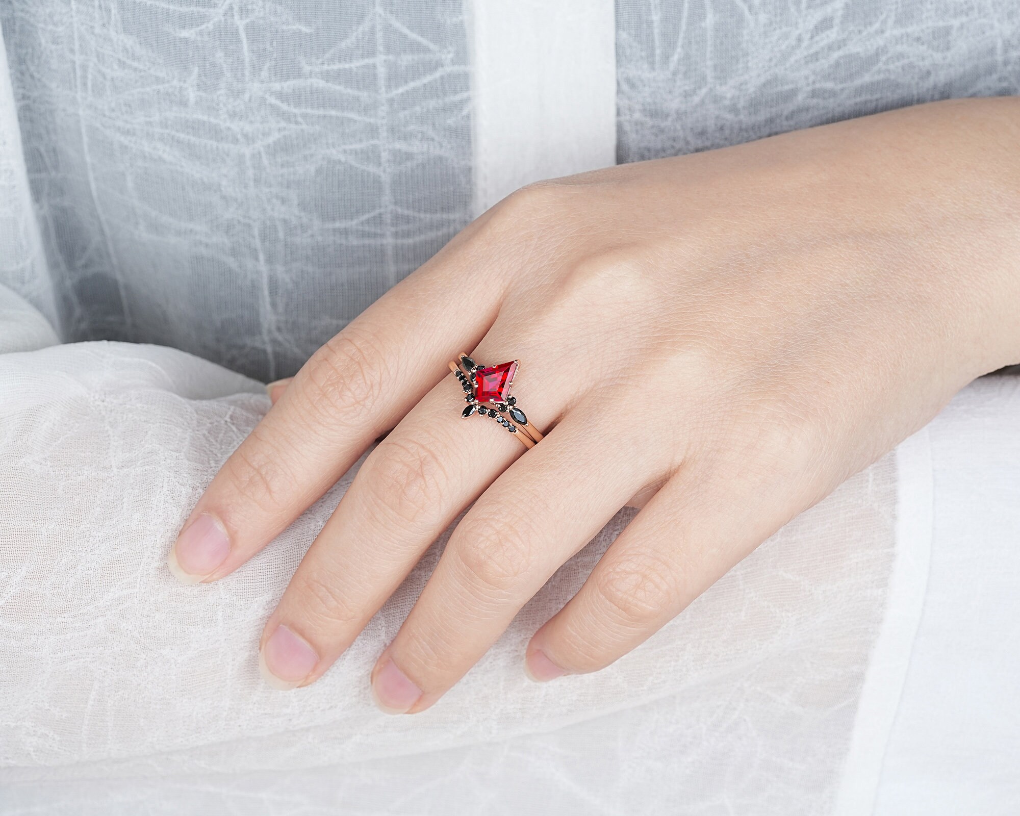 Unique Kite Cut Ruby and Black Moissanite Engagement Ring Set, Vintage ...