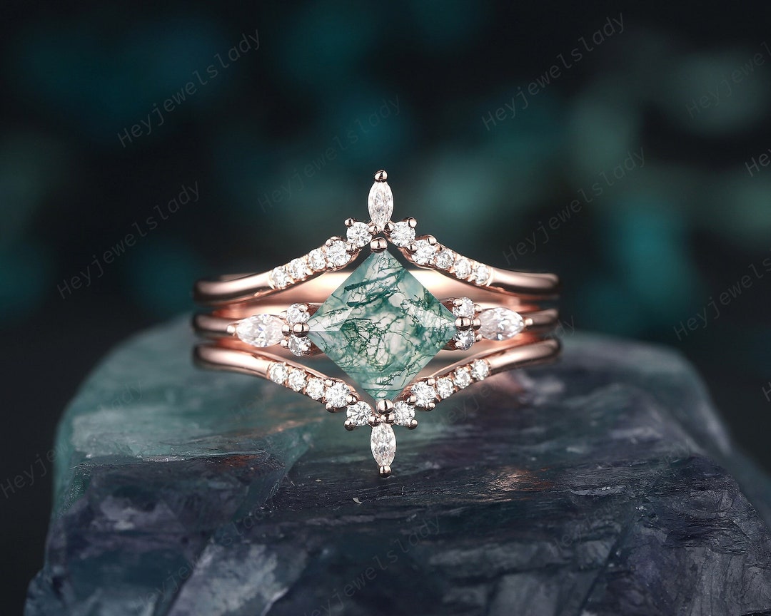 Vintage Princess Cut Moss Agate Engagement Ring Set, Unique Rose Gold ...