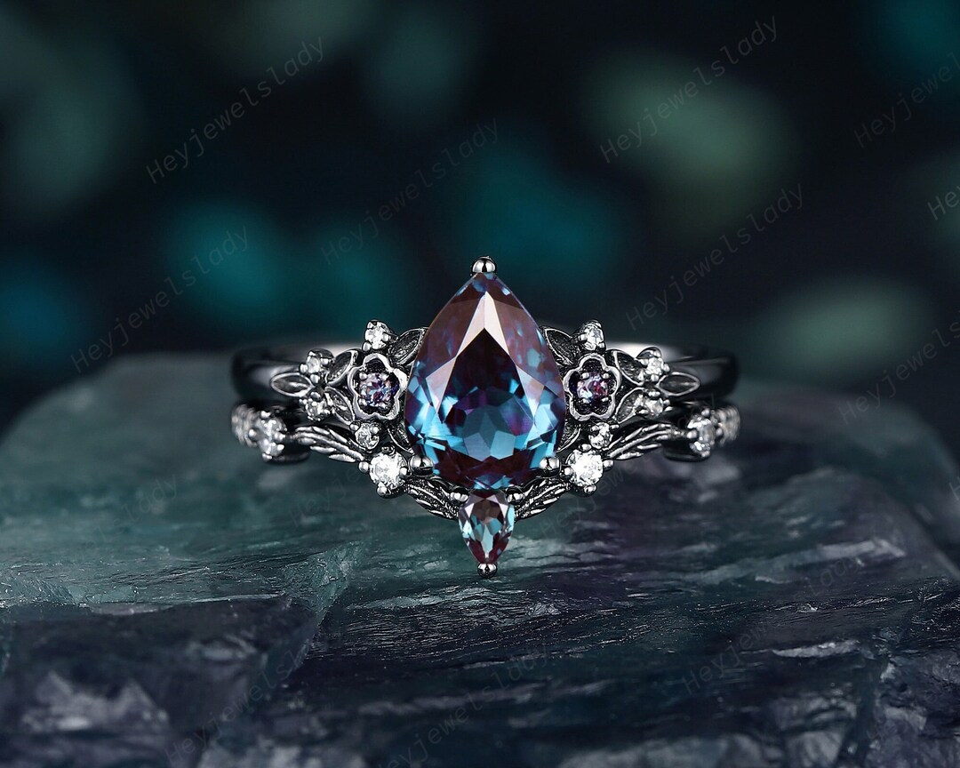 Black Gold Pear Shape Alexandrite Floral Engagement Ring Set, Unique Rhodium Black Promise Ring ...