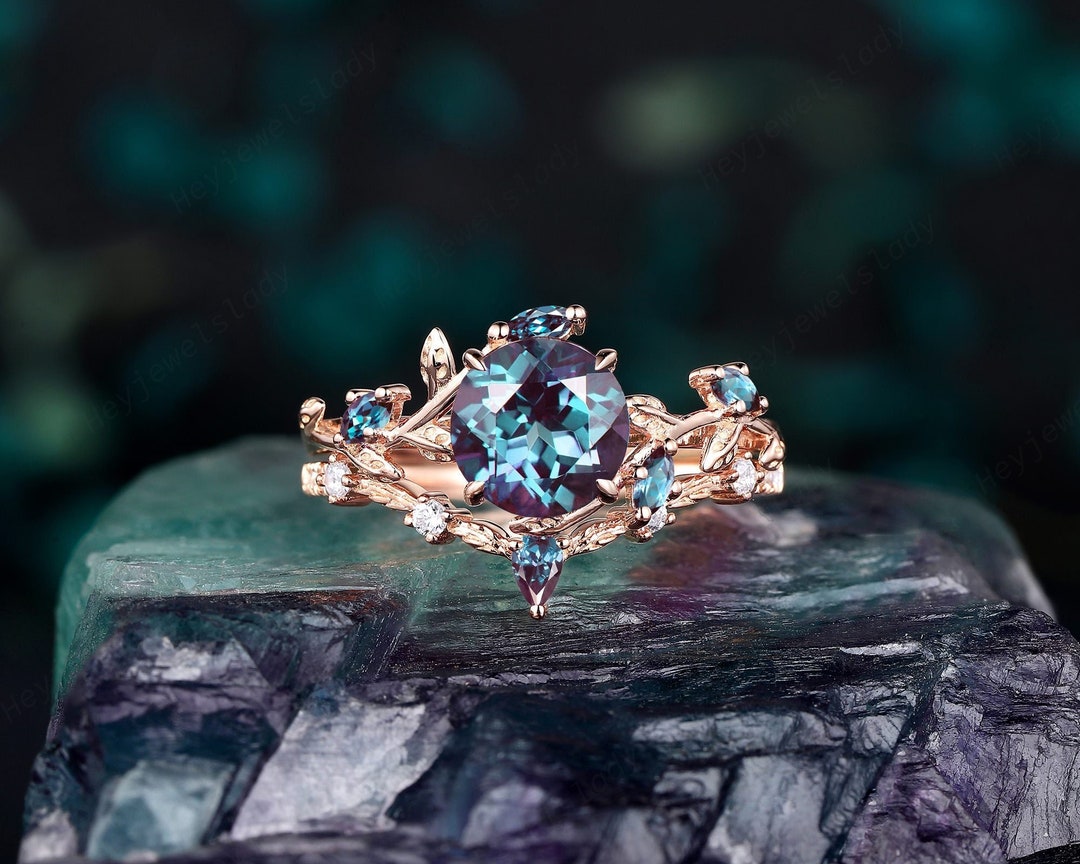 Nature Inspired Round Shape Alexandrite Engagement Ring, Rose Gold Leaf ...
