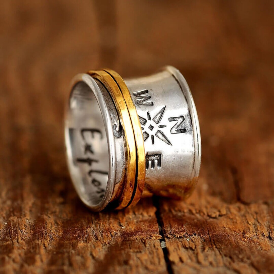 Compass Fidget Spinner Ring, Silver Compass Fidget Ring, Rotate Freely ...