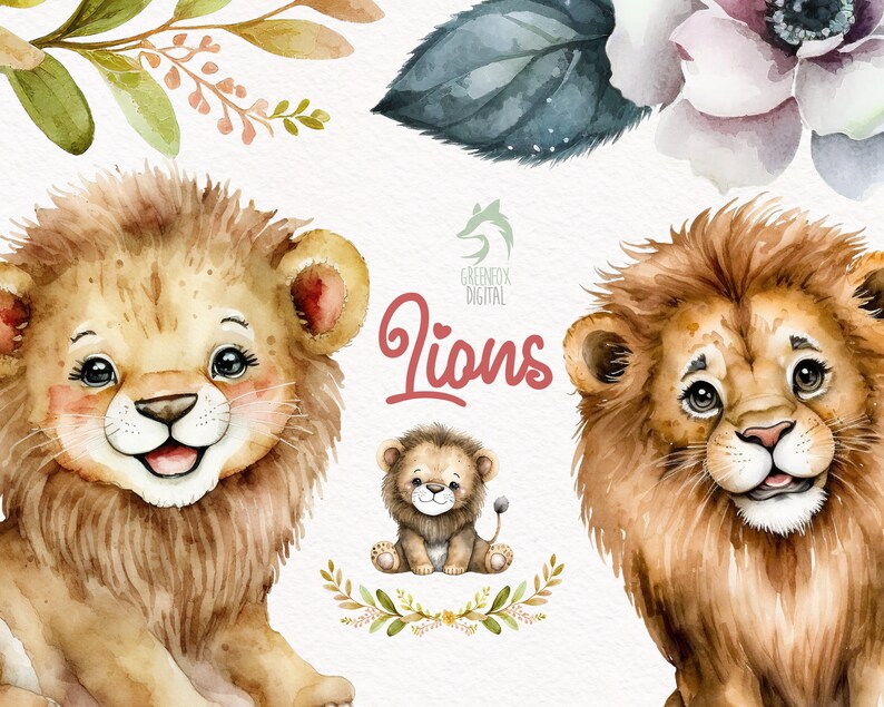 Lion Watercolor Clipart Cute Baby Shower Graphics Big Cat - Etsy