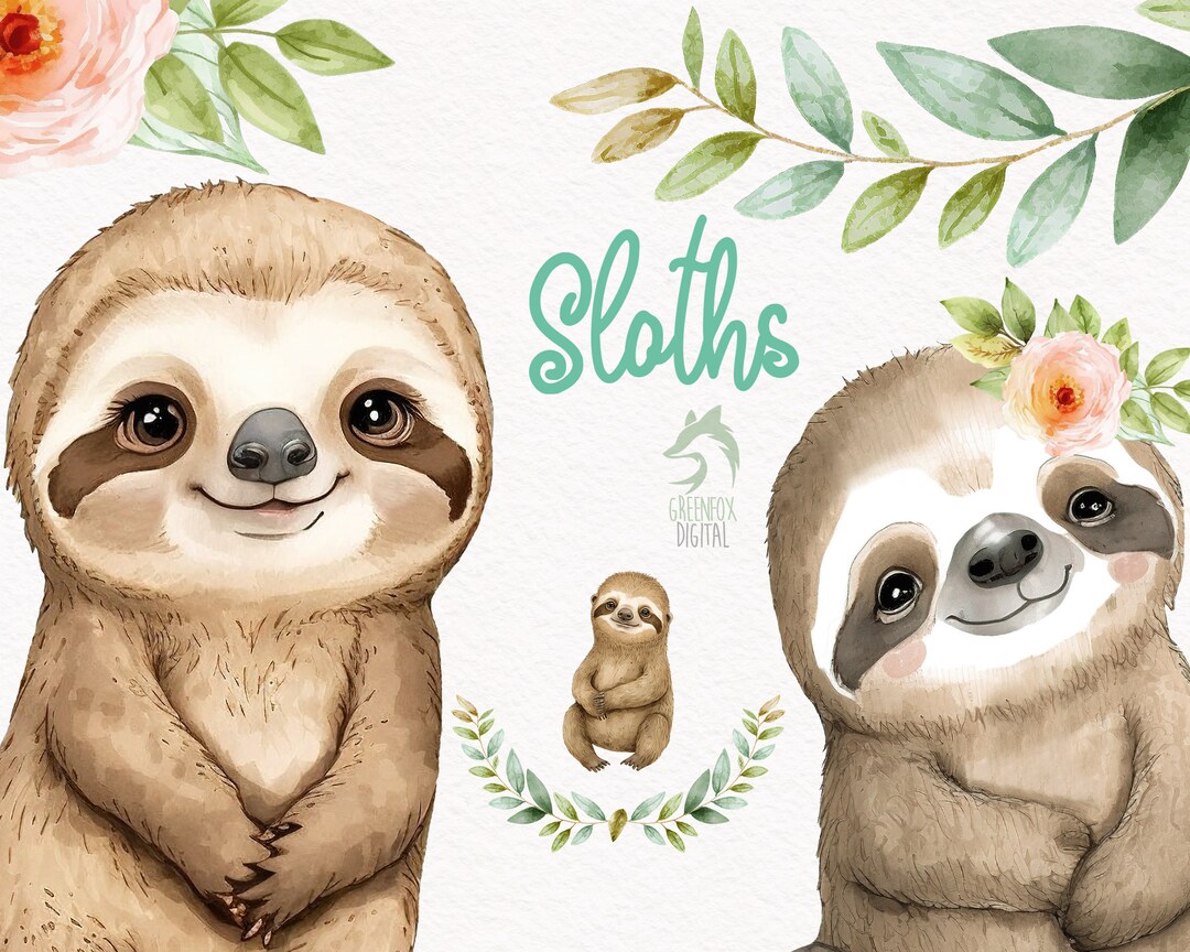 Sloth Watercolor Clipart, Cute Baby Shower Graphics, Nursery Decor Wall ...