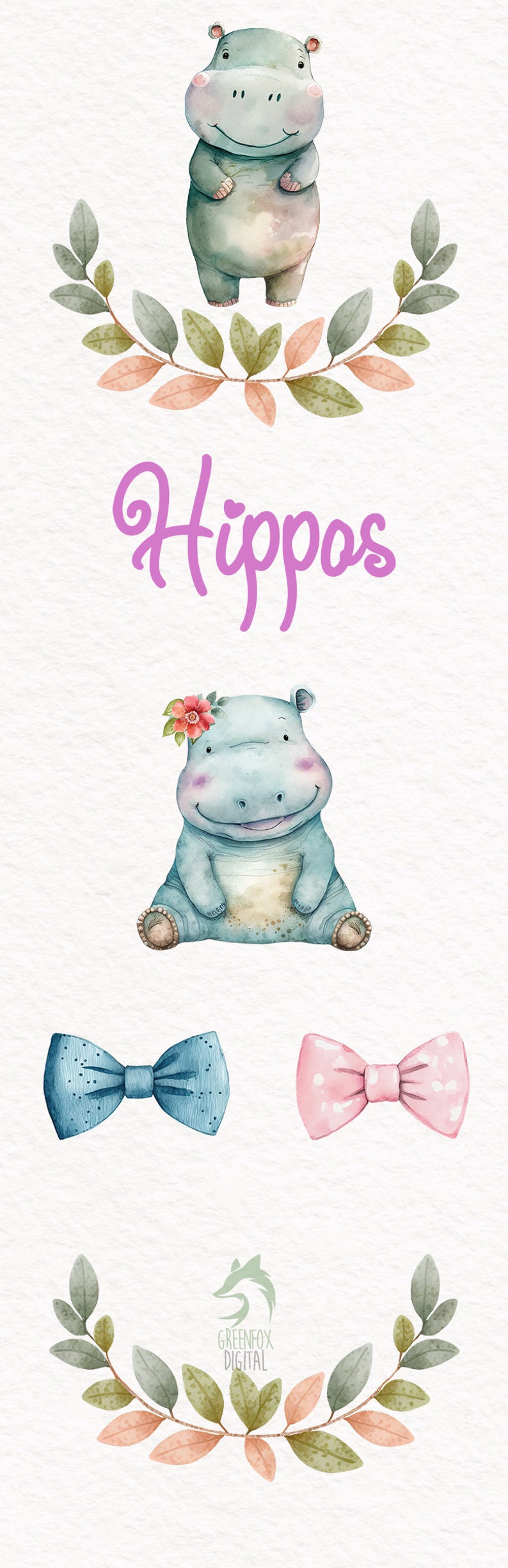 Hippo Watercolor Clipart Cute Baby Shower Graphics - Etsy