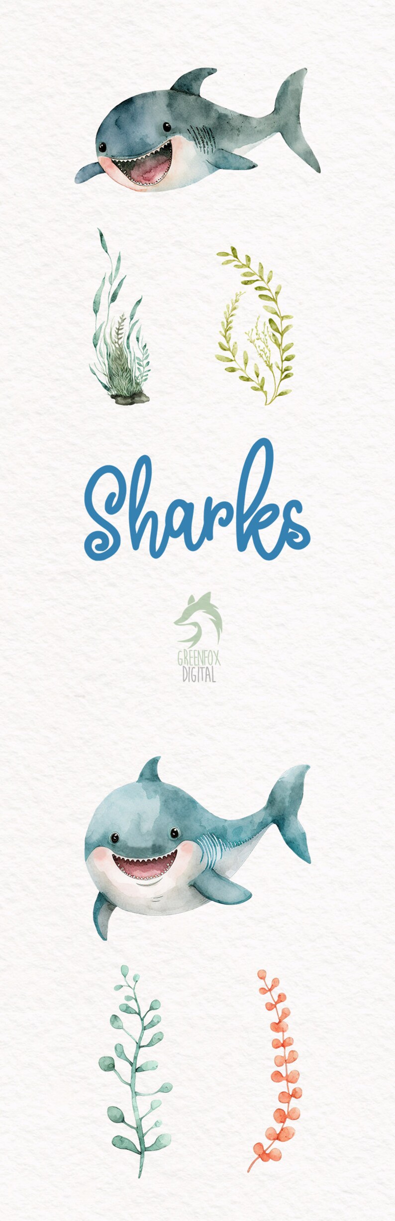Shark Watercolor Clipart Cute Baby Shower Graphics Nursery - Etsy