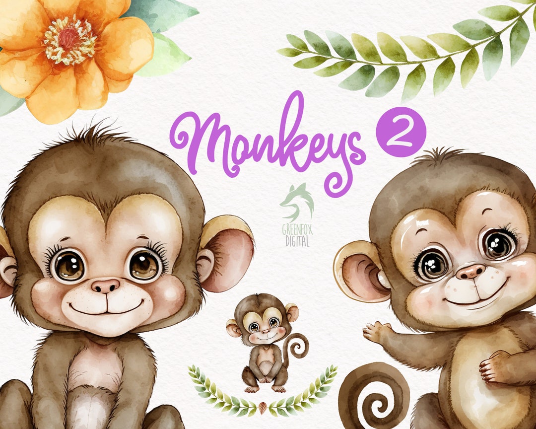Monkey Watercolor Clipart, Cute Baby Shower Graphics, Nursery Decor ...