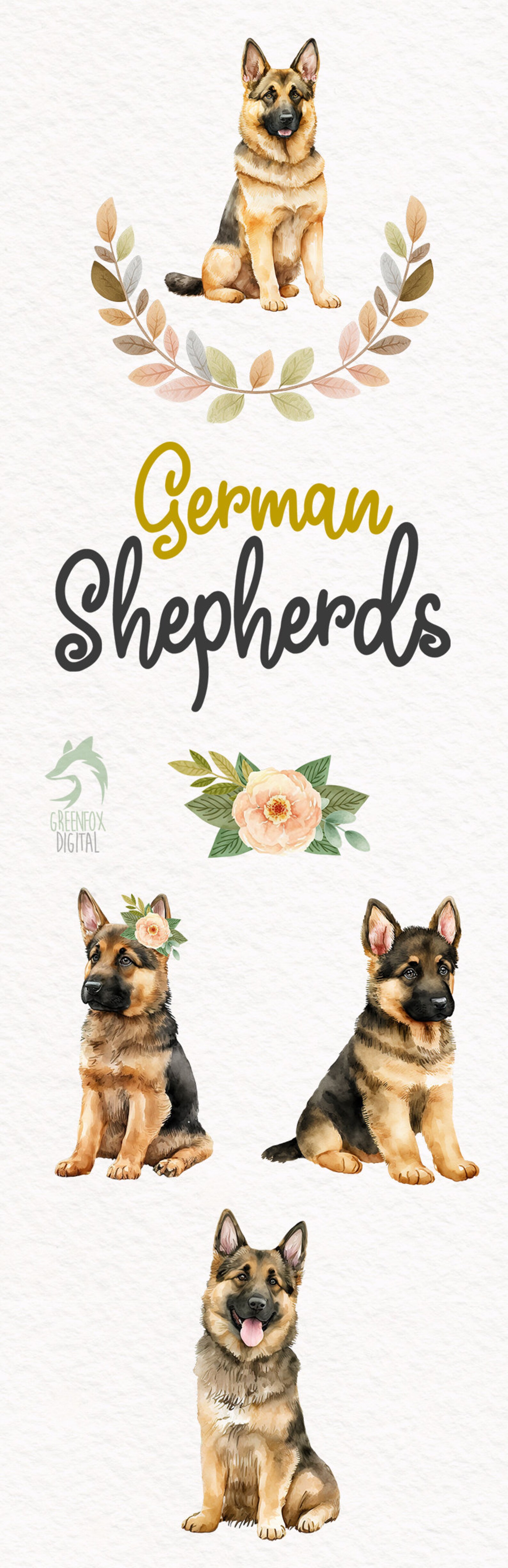 German Shepherd Watercolor Clipart Cute Alsatian Nursery Dog - Etsy