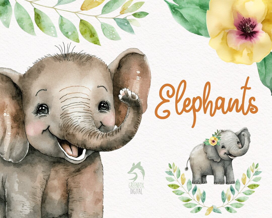 Elephant Watercolor Clipart, Cute Baby Shower Graphics, Nursery Decor ...
