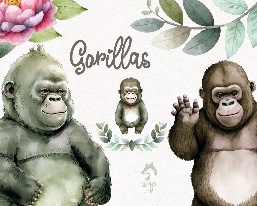 Gorilla Watercolor Clipart, Cute Ape Baby Shower Graphics, Nursery ...