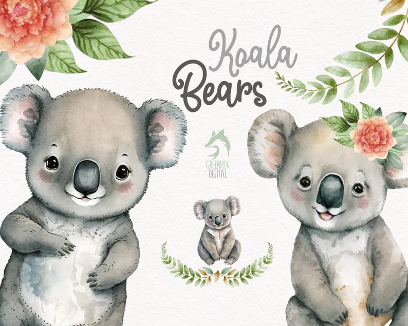 Koala Bear Watercolor Clipart Cute Baby Shower Graphics - Etsy
